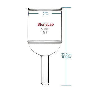 StonyLab Borosilicate Glass Buchner Filtering Funnel with Coarse Frit(G1), 94mm Inner-Diameter, 100mm Depth(500ml)