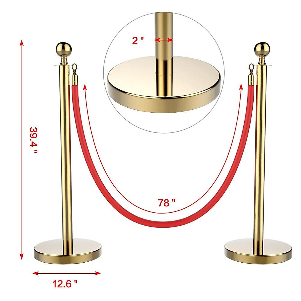 Yaheetech 2pcs Stainless Steel Stanchion Posts - 6.6FT Extended Red Velvet Rope Retractable Barriers Ropes Safety Barriers Set with Stable Base for Party Supplies Theater Hotels Clubs Museums, Gold