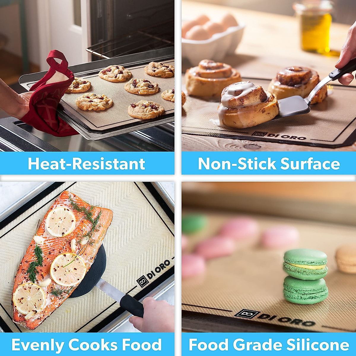 DI ORO Silicone Mats for Baking - Baking Mats Silicone for Baking Sheets - 480°F Heat-Resistant Nonstick Silicone Cooking Mats & Oven Liners - 16 1/2" × 11 5/8" - BPA Free Kitchen Cookie Sheets (2pc)