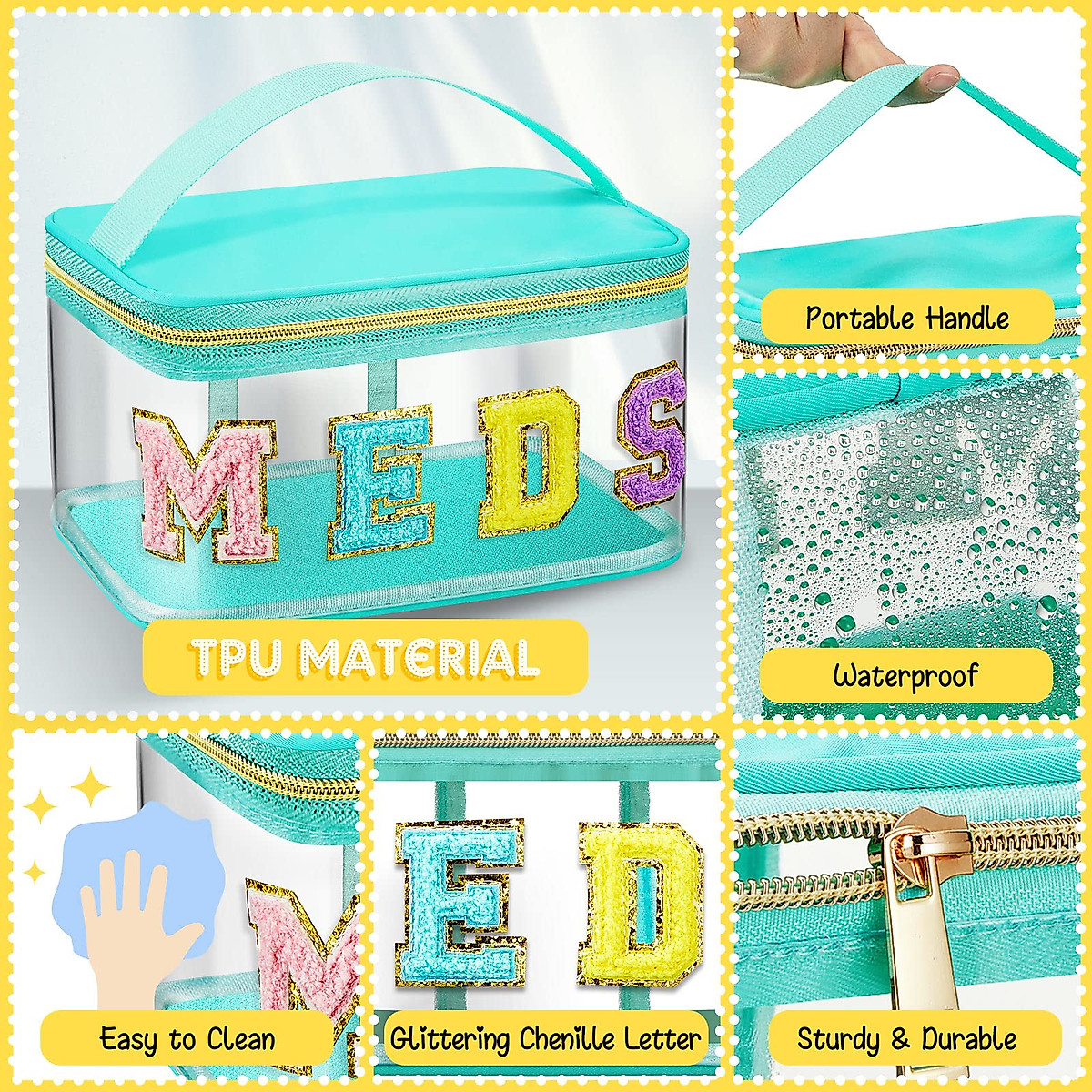 Geetery Chenille Letter Bag Nylon Makeup Bag Portable Bag Makeup Cases Preppy Patch Makeup Bag with Zipper Cosmetic Toiletry Storage Bag for Women(Green,Elegant Meds)