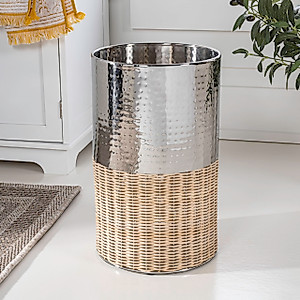 happimess HPM1102B Asher Modern 4.13-Gallon 2-Tone Natural Wicker/Metal Cylinder Waste Basket, Chrome/Natural for Home, Bathroom, Living Room, Office, Bedroom, Kitchen
