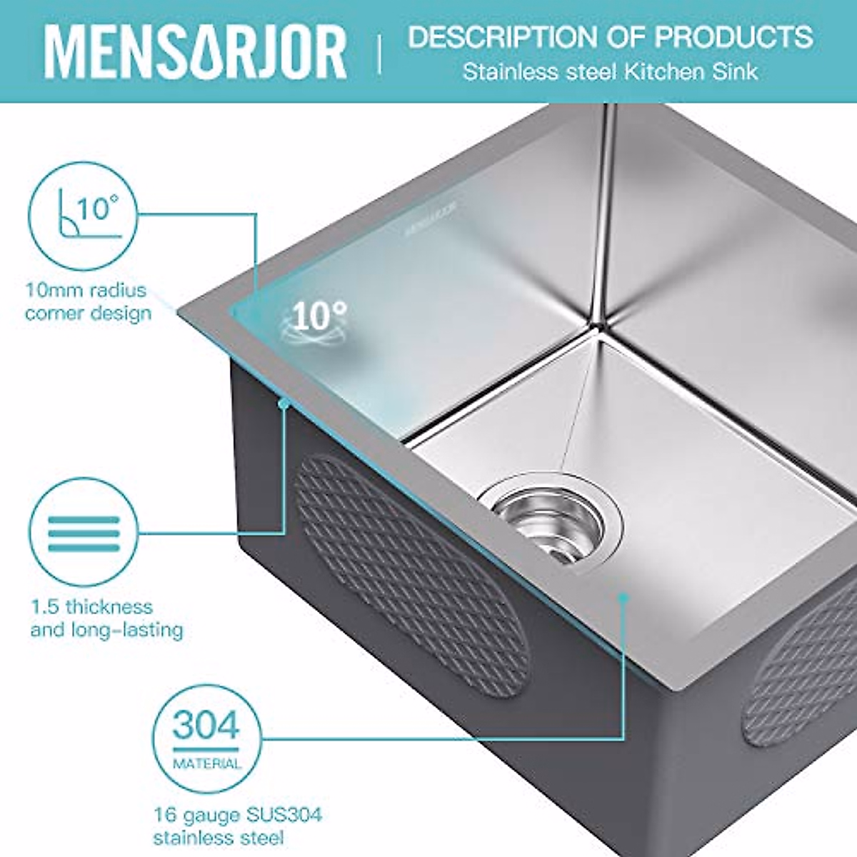 Bar Sink, MENSARJOR 14 x 14 Inch Undermount 16 Gauge Single Bowl Handmade Stainless Steel Kitchen/Bar Sink