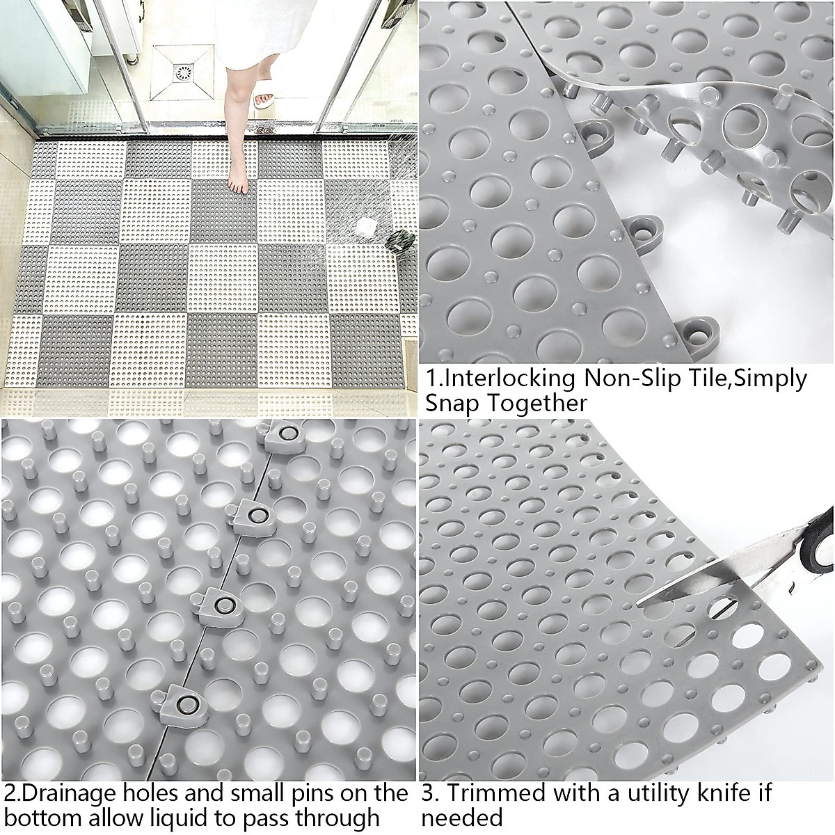 12 Pack 11.8" x 11.8" Interlocking Floor Tiles with Drain Holes Soft PVC Non Slip Shower Floor Mat Modular Interlocking Cushion Mat for Drain, Pool, Patio, Balcony, Kennel, Poultry, Floor Grid, Grey