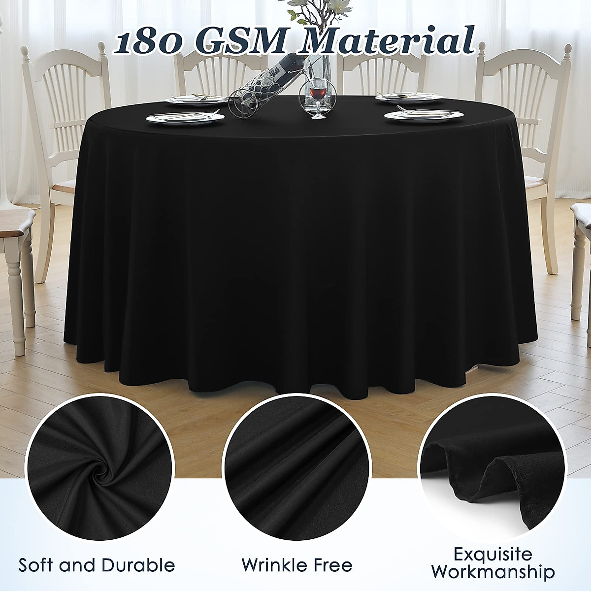 LEQEE Round Tablecloth,120inch Stain and Wrinkle Resistant Polyester Table Cloth,Decorative Fabric Table Cover for Kitchen,Dinning,Party,Wedding Round(Black)