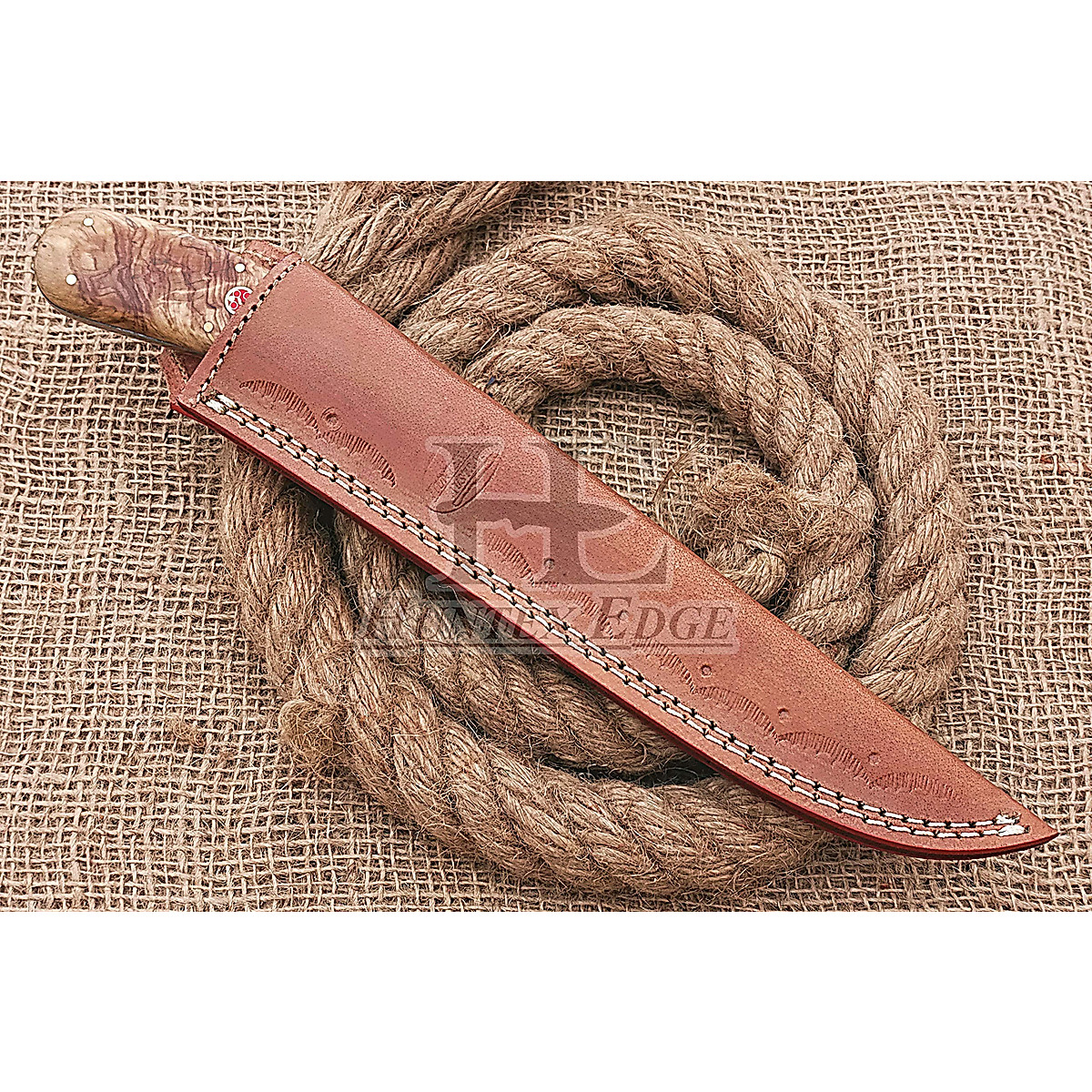 HUNTEX Handmade Hand-Forged Twist Pattern Damascus Steel 11.5 Inch Long Full Tang Olive Wood Handle Razor Sharp Hunting Camping Fillet Knife w/Genuine Leather Pouch