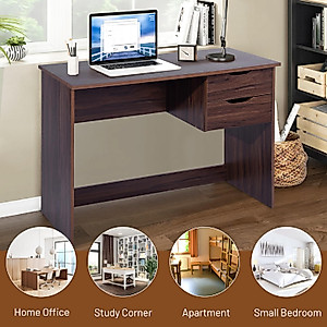 FurnitureR Home Office Computer Desk with 2 Drawers, Wooden Study Writing Table Teen Student Desk Workstation with Footrest for Bedroom Small Spaces Apartment Dorm, Walnut Brown