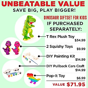 STEM-Accredited Dinosaur Giftset - A Surprise Gift for Boys Complete w/T-Rex Dinosaur Plush, Dinosaur Pullback Cars, Dinosaur Painting Kit, Squishies, Pop It & More