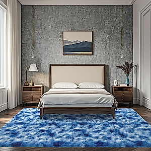 Blue White Rug for Living Room Fluffy 4x6 ft Bedroom Rug Non-Slip Fuzzy Area Rugs Shag Carpet for Nursery Kids Play Room Dorm Office Indoor 1.7'' Thick Soft Modern Plush Carpets