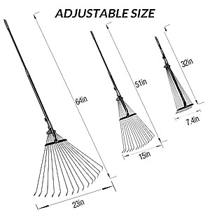 Walensee Garden Leaf Rake 64 Inch Adjustable Folding Leaves Rake Tools Metal Rake with Expandable Head from 7-22 Inch Expanding 15 Tines Shrub Rake to Collect Leaf & Poop Among Lawn and Yards 1 Pack