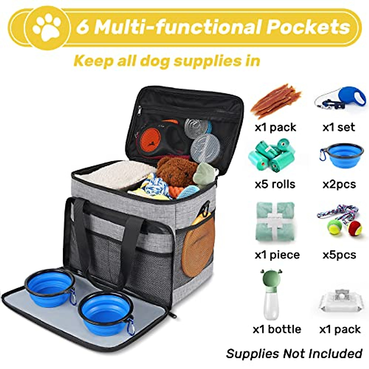 6 Set Dog Travel Bag, Large Pet Travel Kit for Supplies Includes 2 Food Containers, 1 Travel Organizer for Dogs, 2 Collapsible Bowls, 1 Treat Pouch, Dog Weekend Overnight Travel Bags Luggage, Grey