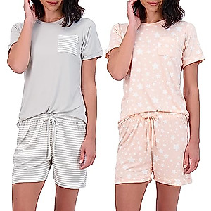 2 Pack: Womens Short Sleeve Tops Striped Pajama Sets Shorts Ladies Summer Soft 2 Piece Matching Cute Comfy Sleepwear Pajamas Adult Loungewear Bottoms lounge Pijamas de Mujer Pj Women - Set 1, Large