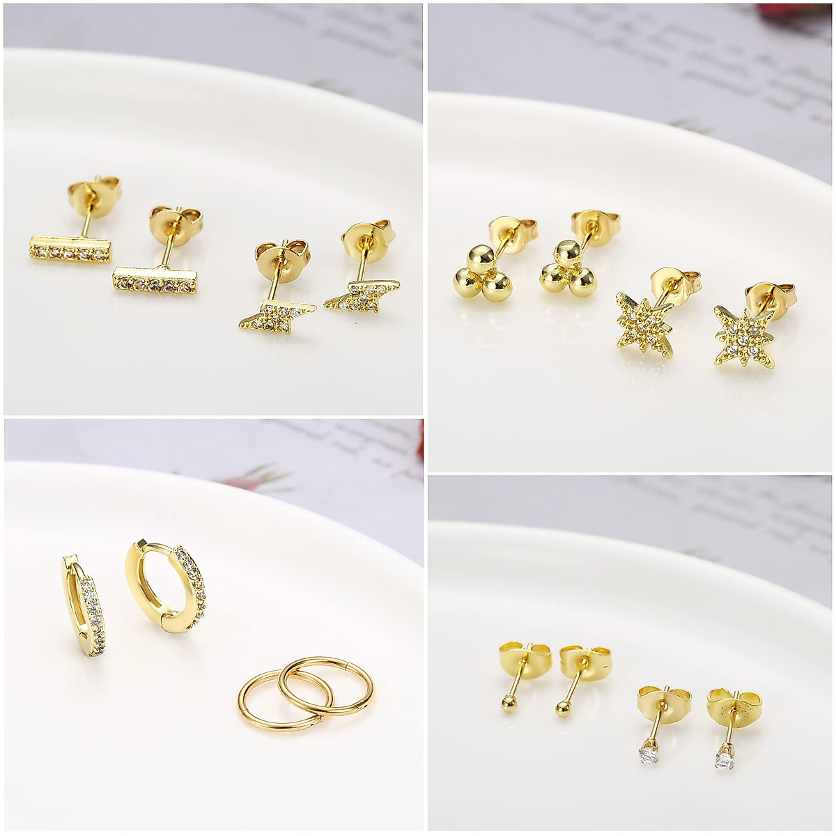 IRONBOX Earrings Set with 14K Gold Plated Huggie Hoop Studs (12Pairs) for Women Small Dainty Minimalist Chain Earrings Cartilage CZ Ball for Multiple Piercing