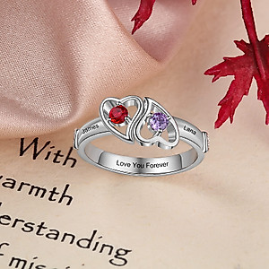 Zomodia Promise Rings for Her with 2 Simulated Birthstones Personalized Names Jewelry for Couples Women Engagement Heart Rings for Mother Daughter (9)