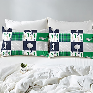 Castle Fairy Golf Plaid Bedding Set King Size for Woman Men,Green Buffalo Grid Geometric Comforter Cover with 2 Pillowcases,Ball Sports Lover Style Duvet Cover Set Microfiber Quilt Cover