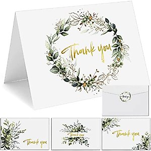 Thank You Cards with Envelopes & Stickers - Gold Foil Greenery (Bulk 32-Pack), Watercolor Eucalyptus Thank You Blank Notes For Engagement, Wedding, Baby Shower, Graduation, Bridal, Business, Anniversary
