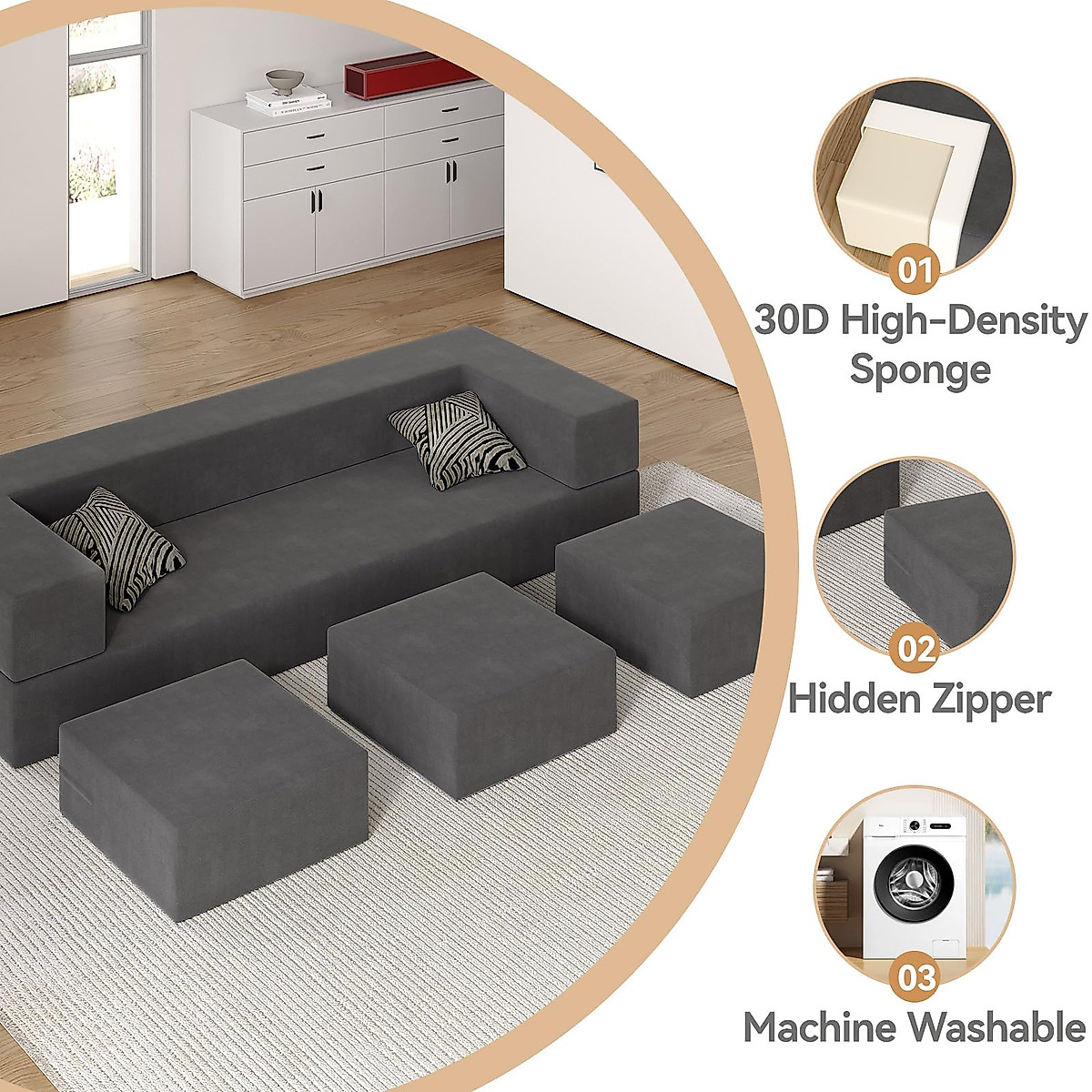 Vivaadecor 80'' Folding Bed Couch, Foam Floor Sofa with 3Ottomans& Washable Velvet Cover,Modular Sectional Sofa Futon Sleeper Convertible Memory Mattress for Guest/Living Room/Playroom,Queen,Deep Grey