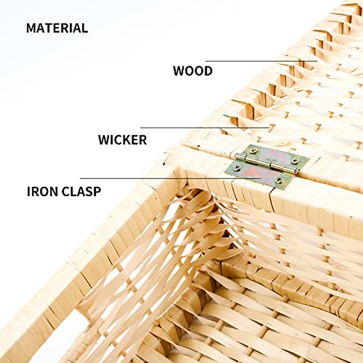 KINGWILLOW Wicker Basket with Lid, Rectangular Wooden Framed Woven Storage Bin with Inside Handles