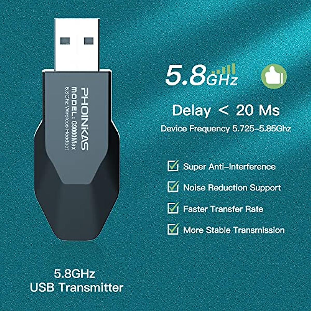 PHOINIKAS Wireless Gaming Headset for PS4 PS5 PC Ninten Switch, G9000 5.8G Wireless Over Ear Headphones with Noise Cancelling Detachable Mic, 7.1 Stereo Sound, 3.5mm Audio Cable, Bluetooth for Phone