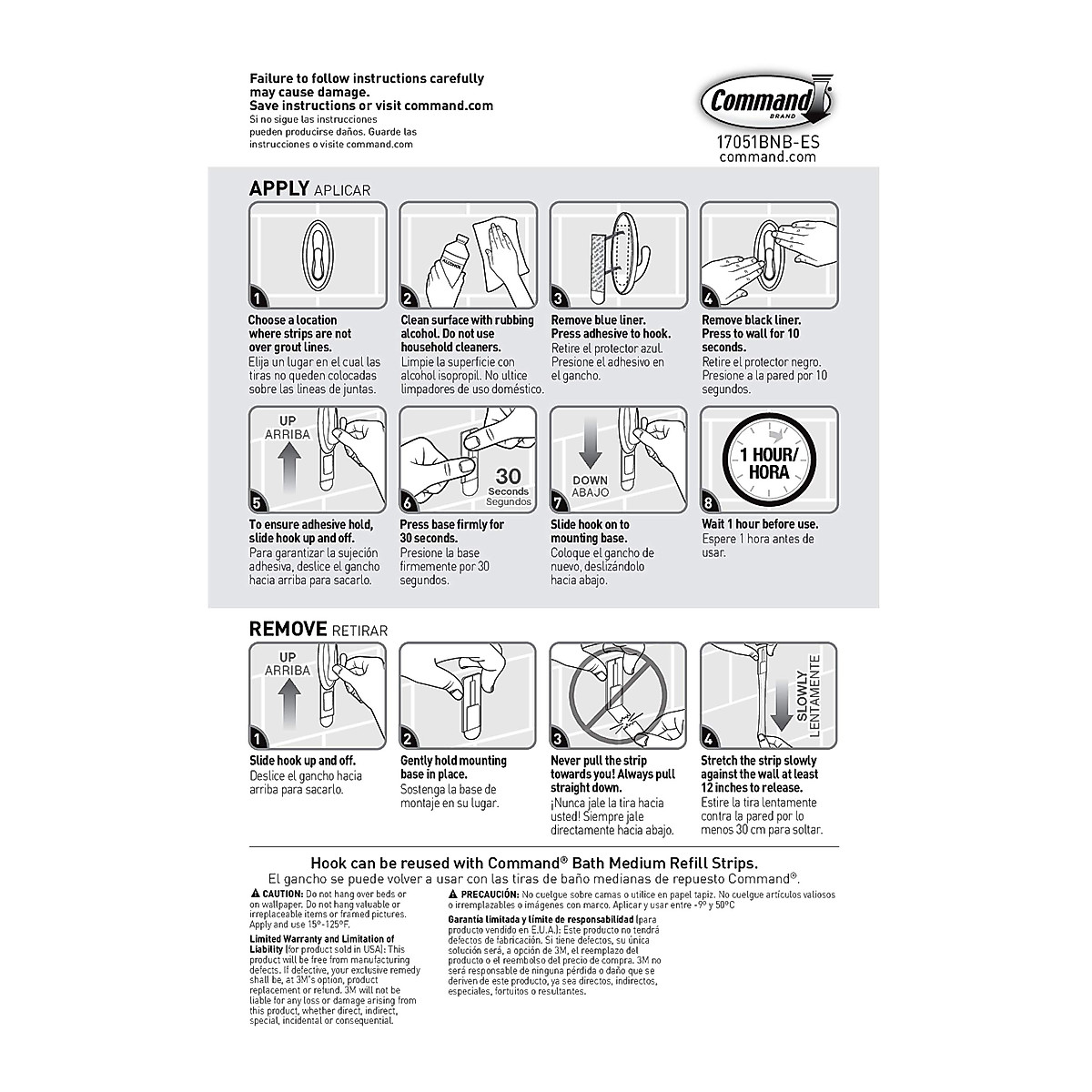 Command 17051BNB-2ES, Medium, Brushed Nickel, 2, 4-Water Resistant Strips, Organize Damage-Free Traditional Plastic Bath Hooks, 0, 2 Count
