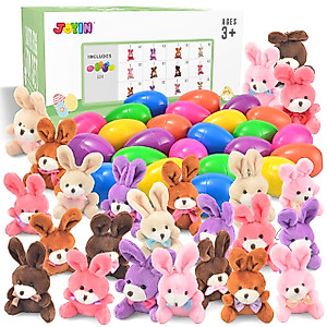 JOYIN 24 Pcs Filled Easter Eggs, Bright Colorful Easter Eggs Prefilled with Variety Plush Bunnies for Kids Toddlers Egg Hunt, Easter Basket Stuffers and Party Favors