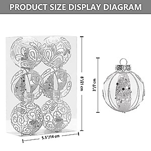 MoonXmas Christmas Ornaments Set, 2.75"/70MM Silver Clear Plastic Shatterproof Christmas Tree Hanging Decorations, for Indoor Home Halloween Thanksgiving Xmas Decor - 6Pcs.