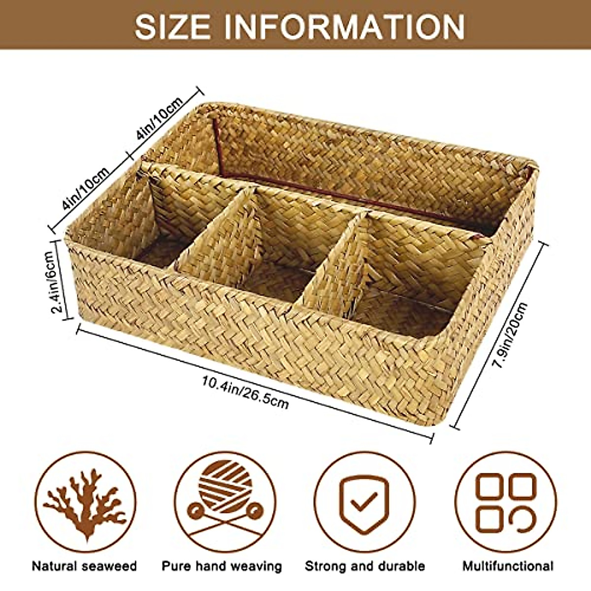 GZHOK Hand-Woven Storage Baskets,Wicker Rattan Divided Basket Organizer for Drawer,26x20xH6cm/10.2 * 7.9 * 2.4inch