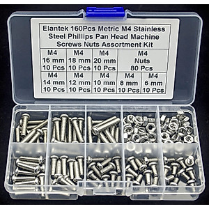 Elantek 160Pcs Metric M4 304-Stainless Steel Phillips Pan Head Machine Screws Nuts Assortment Kit- M4 x 6mm/ 8mm/ 10mm/ 12mm/ 14mm/ 16mm/ 18mm/ 20mm