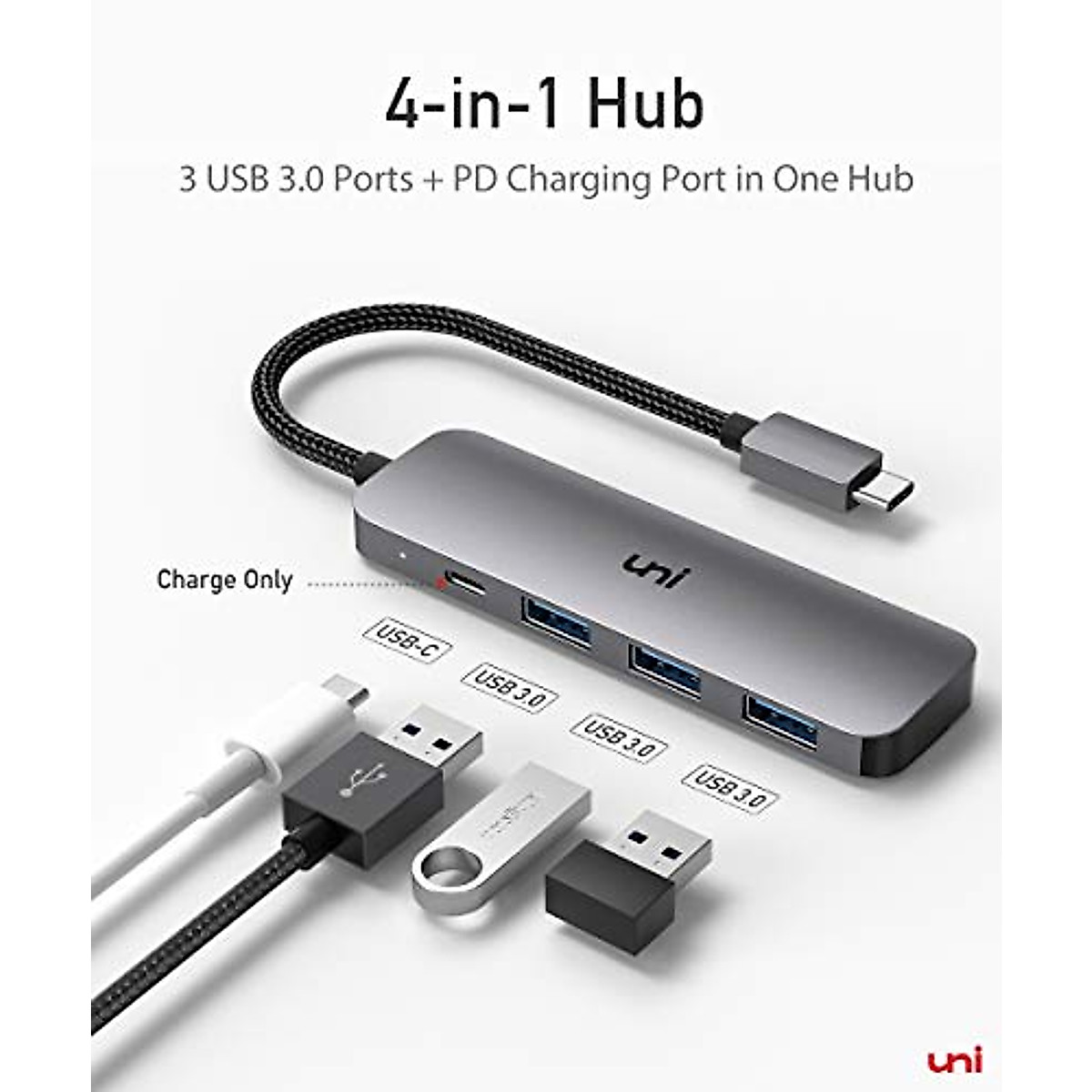 USB C to USB Hub with 100W PD, uni (Slim& Aluminum& Nylon) USB Type C to USB Adapter with Hight Speed 3*USB 3.0, USB-C Power Delivery, Thunderbolt 3 Compatible with MacBook Pro, XPS, Pixelbook