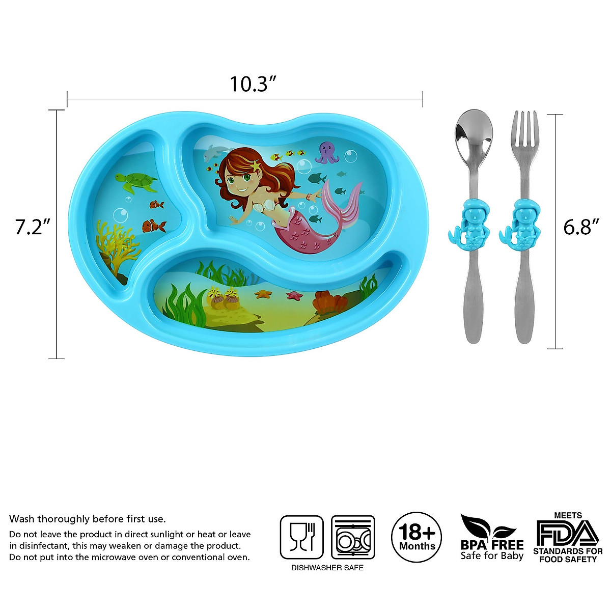 Kids Divided Plate with Utensils - Children's Meal Set with Plate, Fork and Spoon - Mermaid