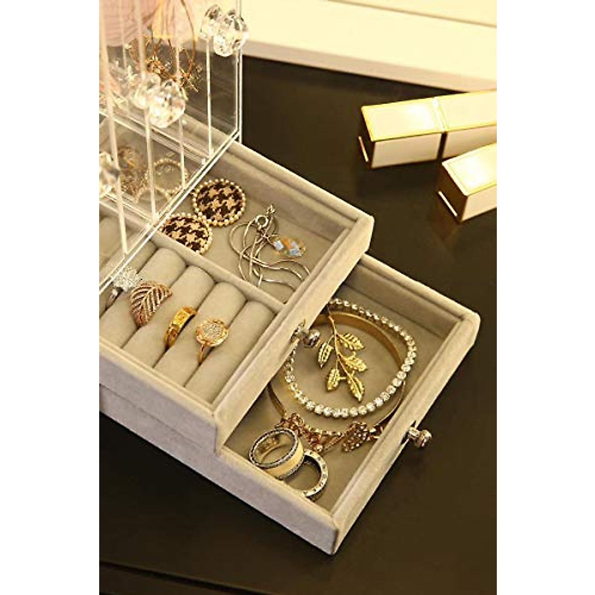 Sooyee Acrylic Earring Holder and Jewelry Organizer with 5 Drawers,Dustproof Jewelry Stand Rack Display Classic for Necklaces Bracelet Earrings and Ring,Clear