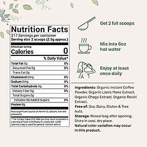 Organic Instant Mushroom Coffee Powder, 28oz (317 Servings) | Premium Arabica Coffee With Lion’s Mane, Chaga, & Reishi | Smooth Medium Roast Flavor, Clean Energy, Focus, & Immune Support