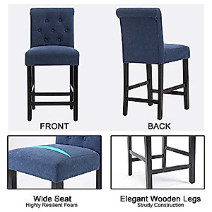 LSSBOUGHT 24 Inches Upholstered Counter Stools, Bar Stools Set of 2, Fabric Counter Stools with Back, Counter Height Bar Chairs with Solid Wood Legs for Home Kitchen Island Dining Room, (2pcs,Blue)