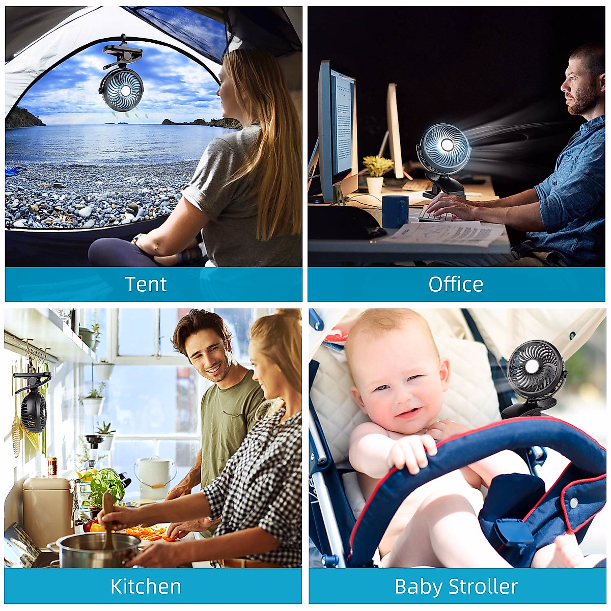 Battery Operated Clip On Camping Fan with LED Lights, Mini Desk Fan Rechargeable 2200mAh with 3 Level Air Flow, Portable Personal Fan for Baby Stroller Camping Home Office Travel Indoor Outdoor