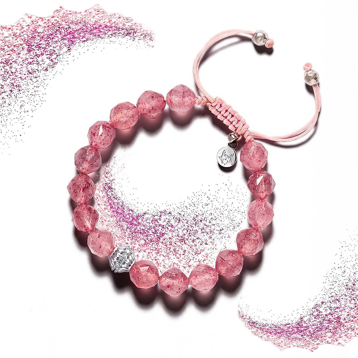 AWNL Women's Strawberry Quartz Braided Beaded Bracelet with Sterling Silver Centre Charm (8mm Gemstone), 5.1''-5.9''