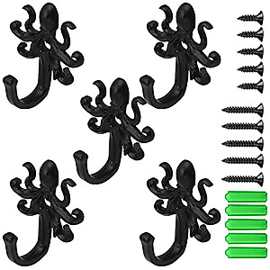 AOAOYING Wall Storage Hooks – Octopus Decorative Wall Mounted Coat Hooks for Hanging Coats, Scarves, Bags, Purses, Backpacks, Towels Indoor and Outdoor Hooks (Black 5 Pack)