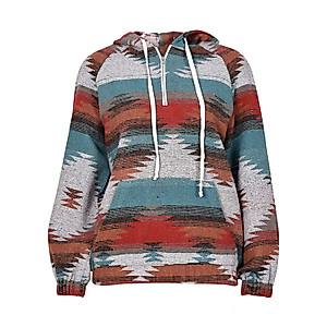 COWOKA Women's Aztec Print Pattern Western Ethnic Half Zip Long Sleeve Pullover Hoodie Sweatshirt Red L