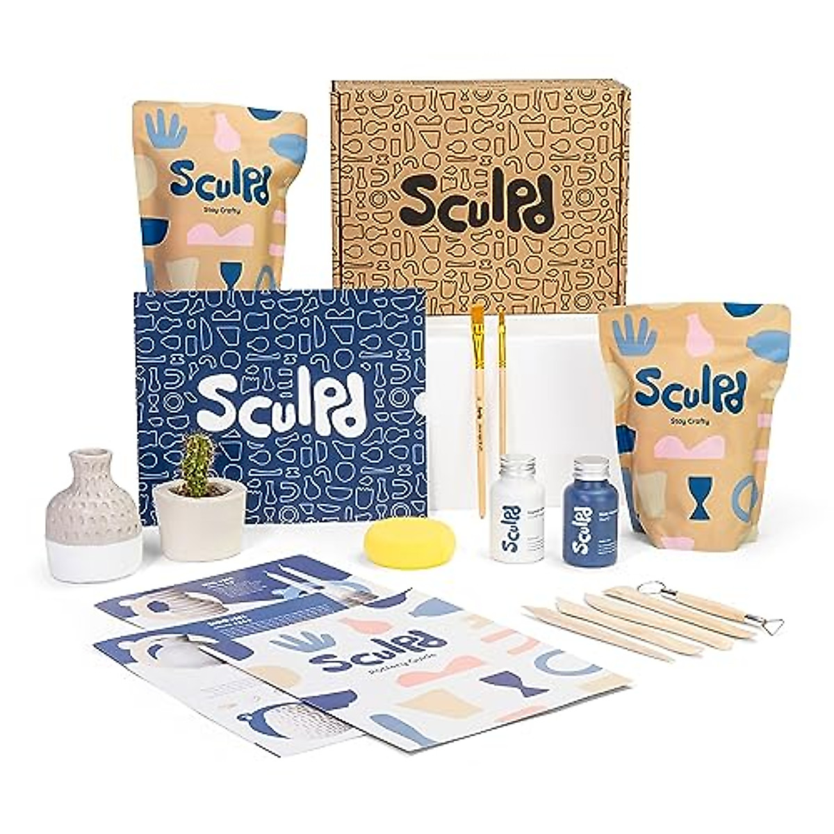 Sculpd Pottery Kit, Air-Dry Clay Starter Kit for Beginners with Gloss Varnish, Pottery Kit includes: Paint, Tool Set, Paintbrushes, Sponge and Step-by-Step Guide, Air Drying Clay Kit for Adults