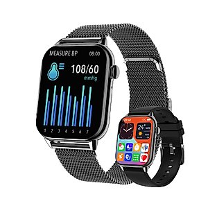 yussa Blood Pressure Smartwatch | Android Smartwatch &iPhone Compatible | Answer/Make Calls | Speaker | 2Straps | 1.86'' Full Screen | Fitness &Health Tracking | +20 Sports | Man and Woman (Black)