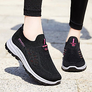 BLShaoJ Women Casual Daily Flat Heel Sneakers Shoes, Autumn and Winter Fashion Warm Round Toe Non-Slip Comfortable Breathable Sport Soft Insole Elastic Mesh Lofer Shoe Black