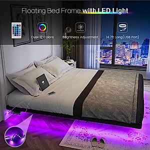 OLEVS Floating Bed Frame King Size with LED Lights and Charging Station - Metal Platform Bed Frame, No Box Spring Needed, Easy Assembly