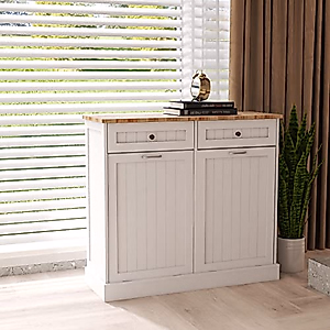 OQSC Double Tilt Out Trash Cabinet with 2 Drawers Wooden Free Standing Laundry Sorter Cabinet Kitchen Recycling Trash Can Bin Holder Cabinet with Storage (White)