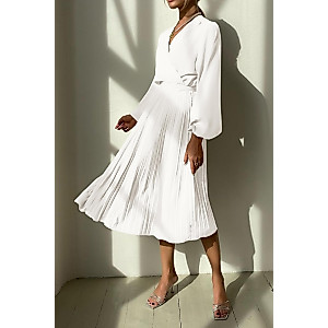 PRETTYGARDEN Women's Spring Midi Dress Long Puff Sleeve Wrap V Neck Flowy Ruffle Pleated Casual Fall Dresses (White,X-Large)