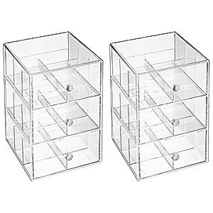 mDesign Plastic Wide Kitchen Pantry, Cabinet, Countertop Organizer Storage Station with 3 Drawers for Coffee, Tea, Sugar Packets, Sweeteners, Creamers, Drink Pods, Packets; 18 Sections, 2 Pack - Clear