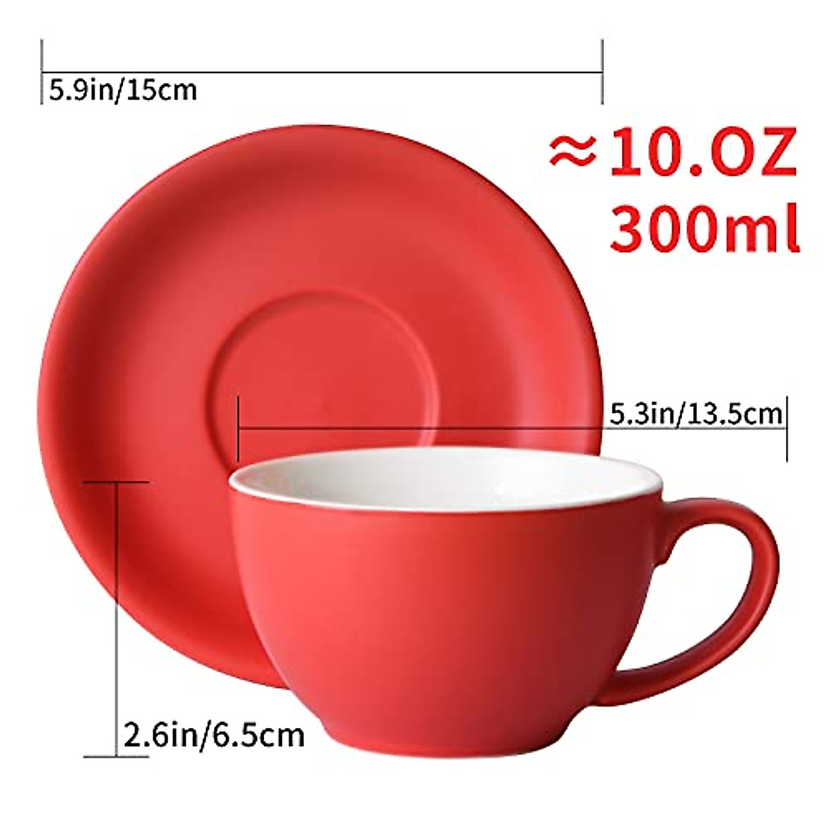 Yundu Porcelain Latte Cup and Saucer - 10 oz for Cappuccino,Tea,Cafe Mocha, Set of 4,Matte Mixed Color