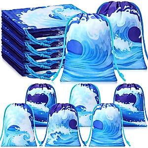Capoda 16 Pcs Ocean Waves Gift Bags Bulk Sea Drawstring Bags Blue Beach Pool Reusable Treat candy favor Goodie Bags for Summer Swimming Birthday Party Decoration Shower Supplies