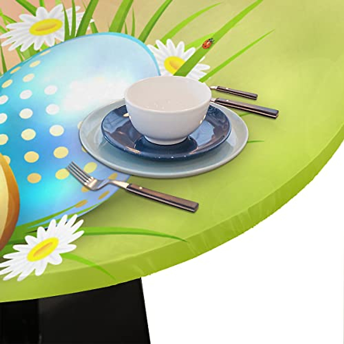 Easter Round Tablecloth with Elastic Edge, Happy Easter Rabbit Bunny Egg Fitted Tablecloth Washable Wipeable Spillproof Polyester Table Cover for Kitchen Dining Party Holiday Fits Round Table 45-56 In