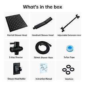 BELLEARLY All Metal 12'' Rain/Rainfall Shower Head with Handheld Spray Combo, High Pressure Square Shower Head with 13'' Extension Arm, Dual Black Shower Heads with 78'' Hose, Waterfall Showerhead