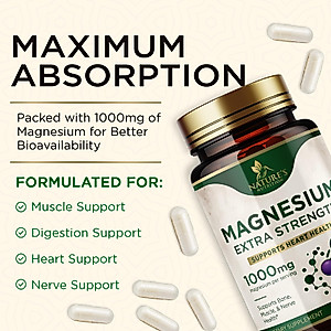 Magnesium Supplement (Citrate Oxide) 1000mg for Best Absorption, Supports Bone, Heart Health, Nerves, Muscles & Metabolism, Nature's Pure Magnesio Vitamin Pills, Bottled in USA, 60 Capsules