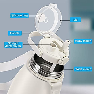 VAlinks Big Belly Stainless Steel Water Bottle with Shoulder Strap, Handle & Cute Stickers, 32oz/900ml Cute Insulated Water Bottle with Straw, Leak Proof Flip-Top Lid Vacuum Bottle, White