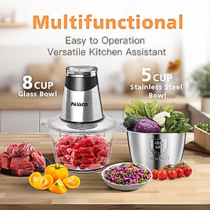 FASSCO Food Processors, Electric food Chopper, Meat Grinder with 2 Bowls (8 Cup+5 Cup),400W Copper Motor - 3 Bi-Level Blades for Meat,Vegetables,Onion, Garlic, Salad, Baby Food, Nuts, Ice Cube